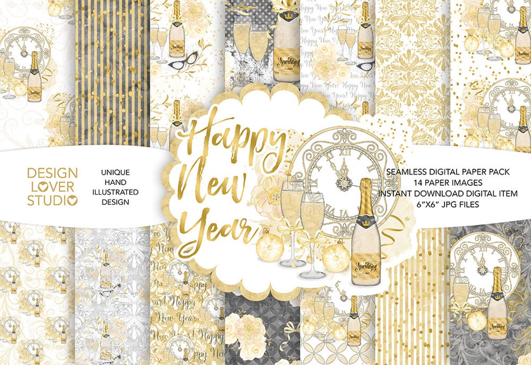 Watercolor "happy New Year" Digital Papers, Winter Leaves, Gold ...