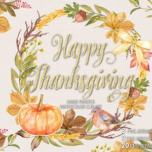 Watercolor "happy Thanksgiving" Clip Arts, Autumn Leaves, Fall ...