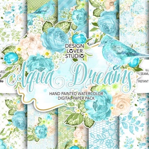 Watercolor AQUA DREAMS Digital Paper Pack, Flower, Peonies, Bouquets ...
