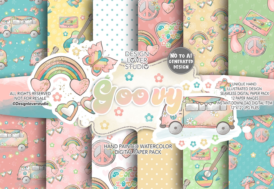 Watercolor Groovy Digital Paper Pack, Groovy Pattern, Retro Digital ...