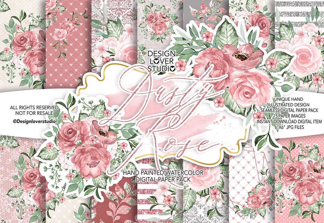 Watercolor Dusty Rose Garden Digital Paper Pack , Spring Watercolor ...