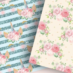 Unicorn Faces Floral Digital Paper Pack, Rainbow, Pink and Gold Unicorn ...