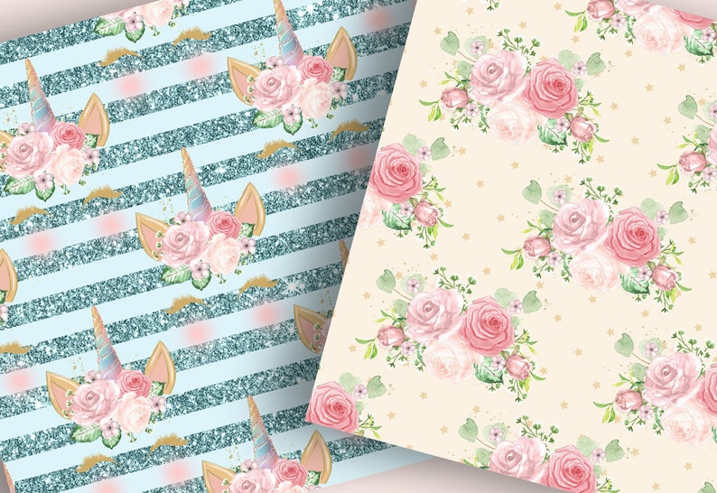 Unicorn Faces Floral Digital Paper Pack, Rainbow, Pink and Gold Unicorn ...