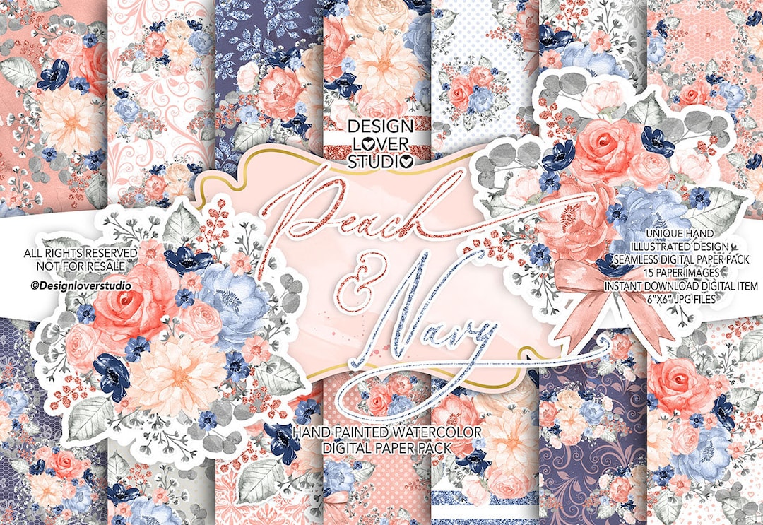 Watercolor Peach and Navy Digital Paper Pack, Spring Watercolor Flower ...