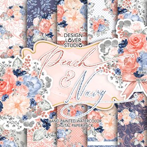 Watercolor Peach and Navy Digital Paper Pack, Spring Watercolor Flower ...