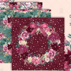 Burgundy Christmas Design Digital Paper Pack, Christmas Flower ...