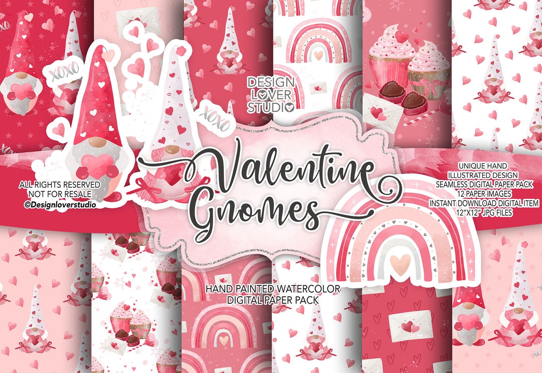 Valentine Rainbows Gnomes Digital Paper Pack, Pattern, Romantic ...