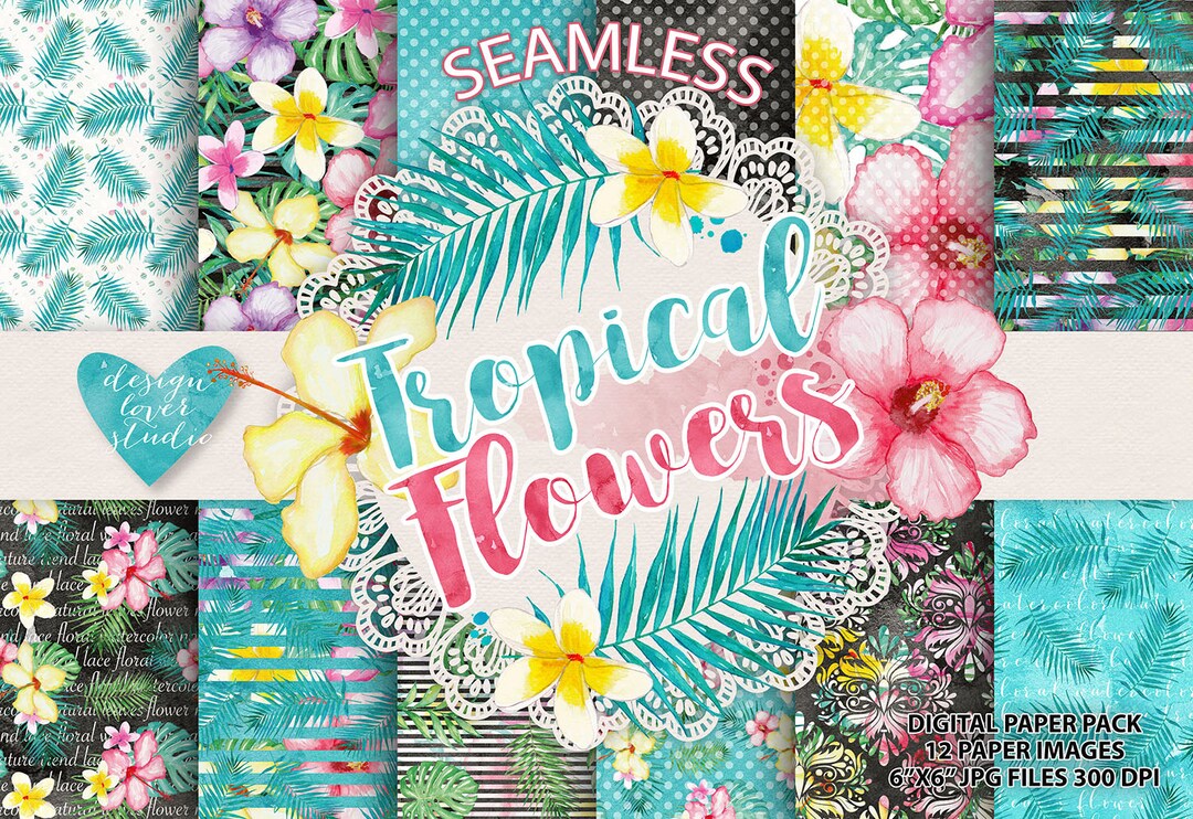 Watercolor Tropical Flowers Digital Paper, Flower Background, Pink ...