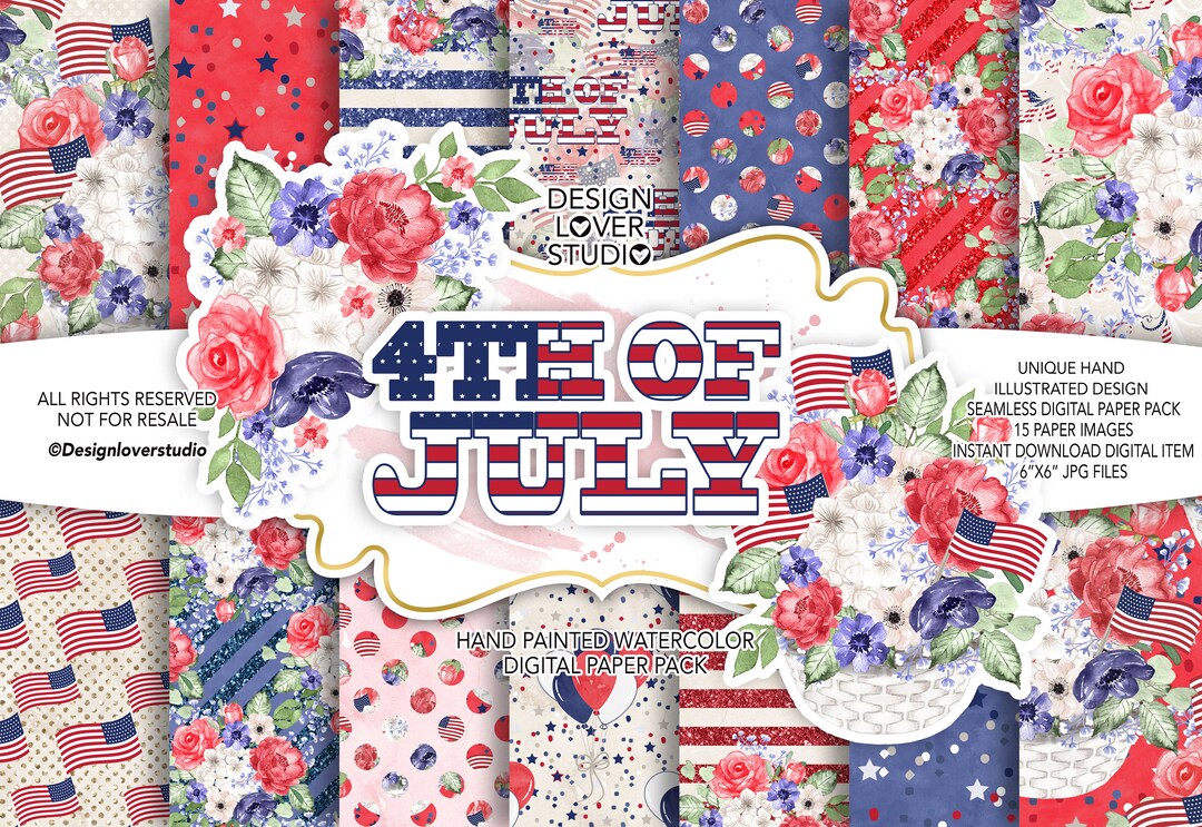 4th of July Digital Paper Pack, Watercolor Flower, USA Floral Pattern ...