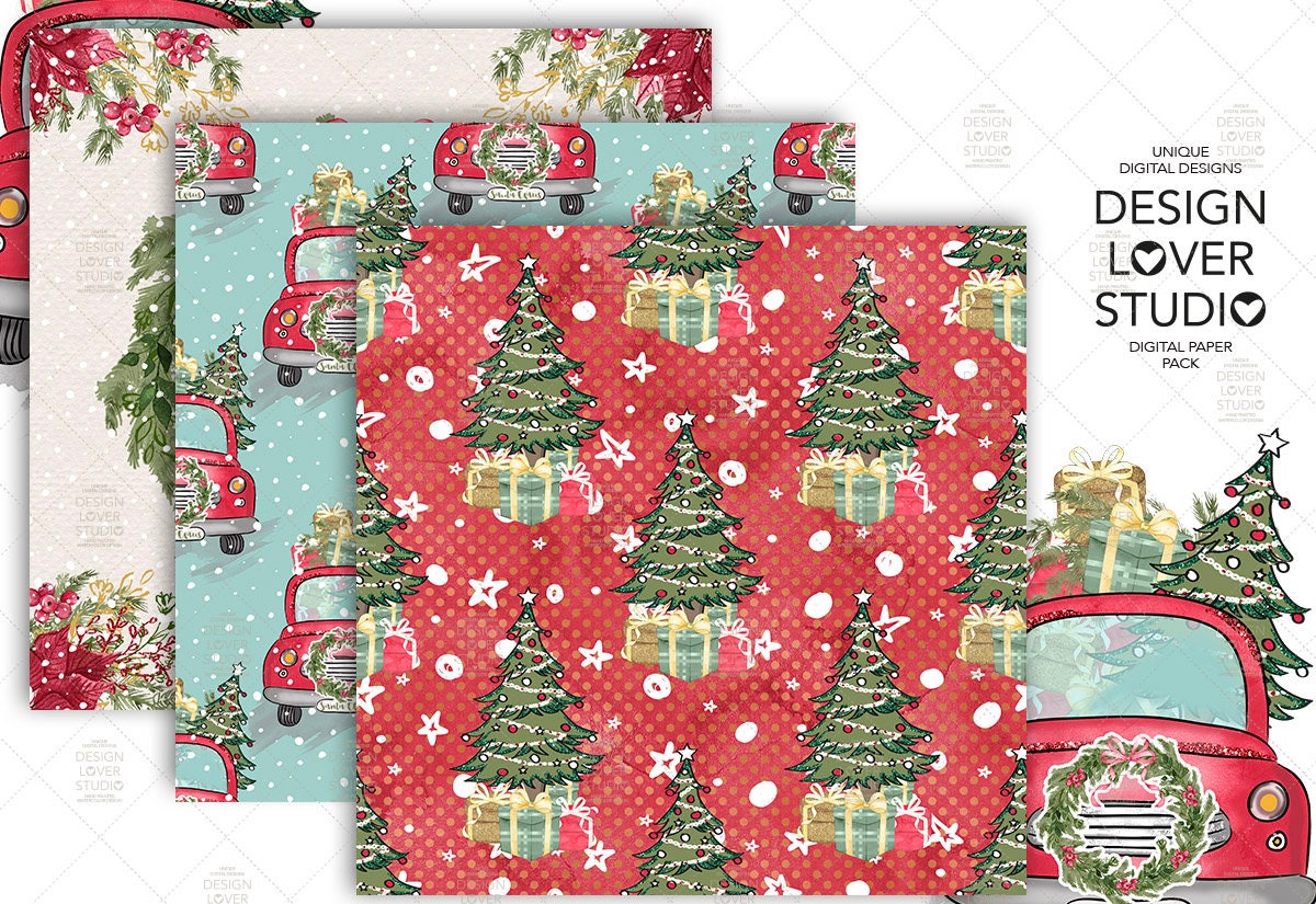 Santa Claus Car Design Digital Paper Pack, Christmas Flower, Christmas ...