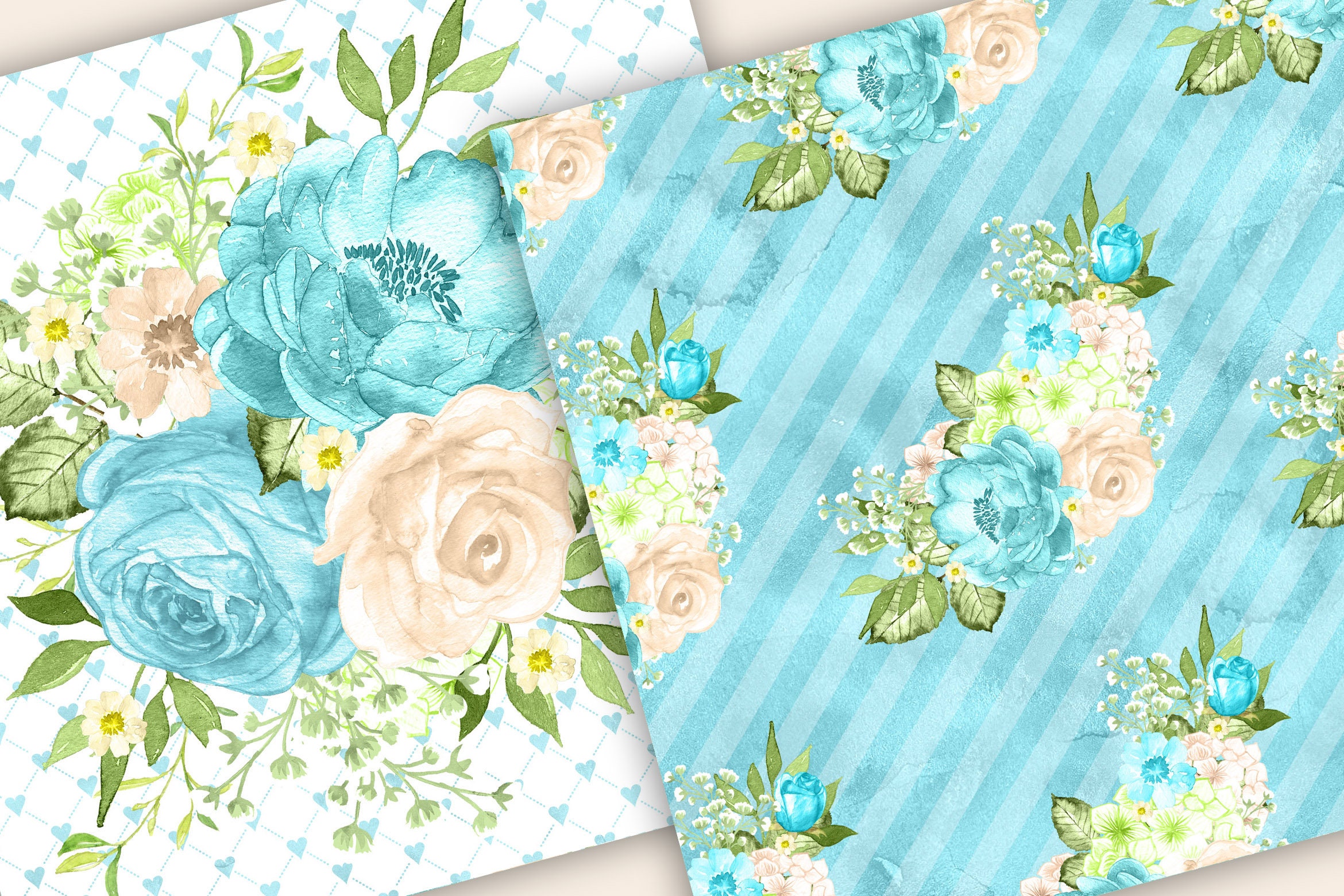 Watercolor AQUA DREAMS Digital Paper Pack, Flower, Peonies, Bouquets ...