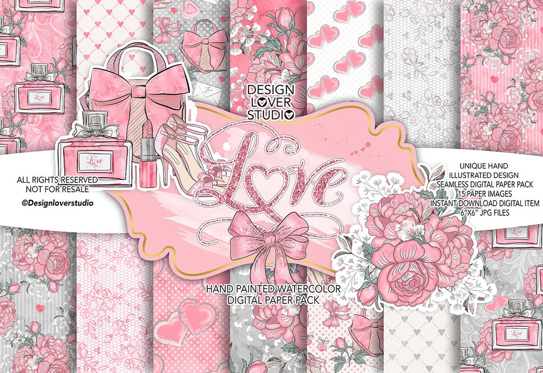 Loving Heart Digital Paper Pack, Spring Watercolor Flower, Blush Floral ...