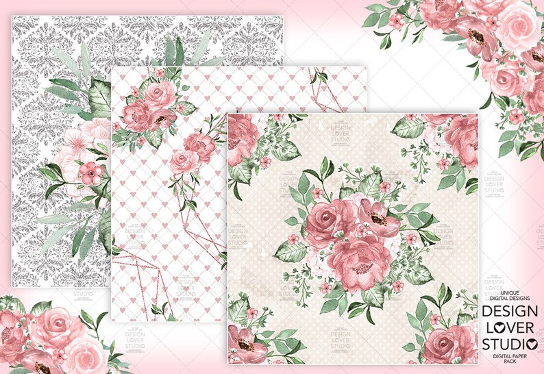 Watercolor Dusty Rose Garden Digital Paper Pack , Spring Watercolor ...