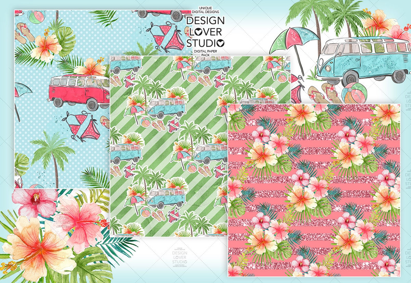 Go to the Beach Digital Paper Pack Summer Watercolor Flower - Etsy