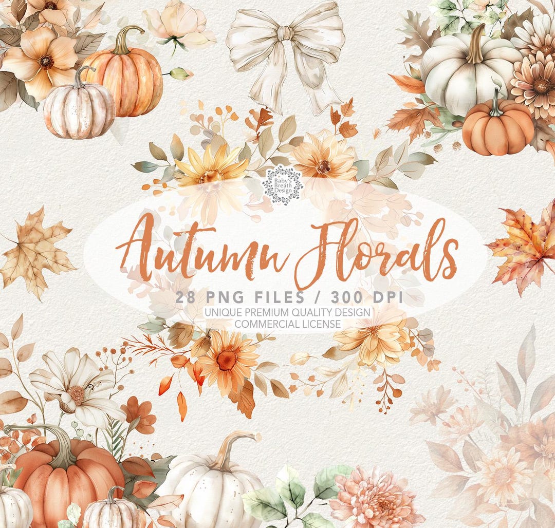 Pumpkins and Flowers Watercolor Autumn Clipart, Autumn Bouquets, Fall ...