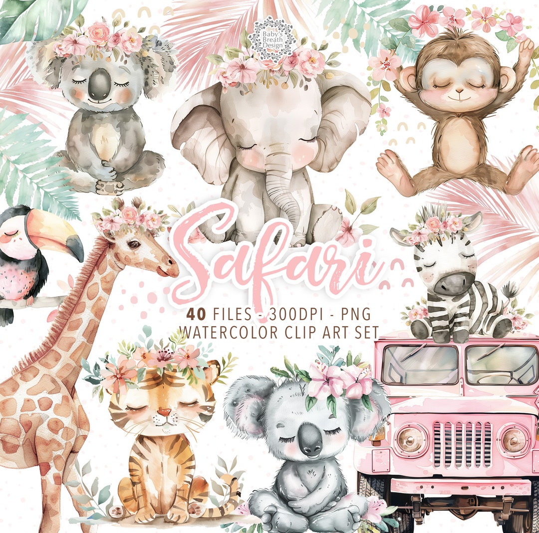 Pink Safari Animals, Watercolor Safari Nursery Clipart, Safari ...