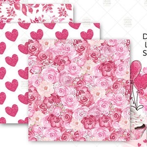 Roses Heart Valentine Design Digital Paper, Romantic Watercolor Digital ...