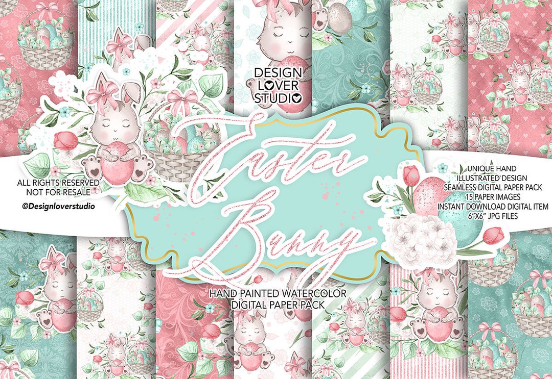 Sweet Easter Bunny Digital Paper Pack, Spring Watercolor Flower, Yellow ...