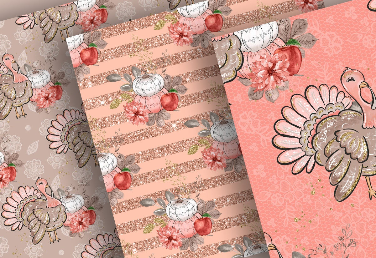 Turkey Thanksgiving digital paper pack Autumn Leaves Fall | Etsy
