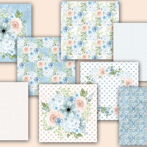 Watercolor POWDER BLUE Digital Paper Pack, Bow, Hydrangea, Bird ...