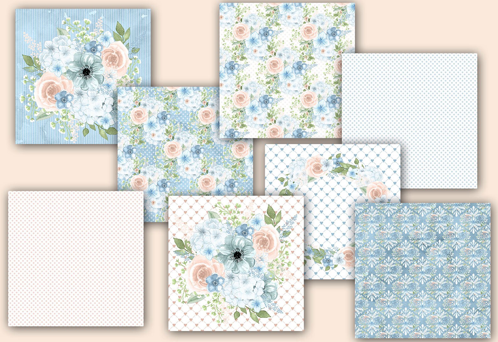 Watercolor POWDER BLUE Digital Paper Pack, Bow, Hydrangea, Bird ...
