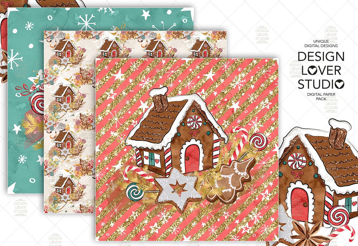 Gingerbread House Design Digital Paper Pack, Christmas Flower ...