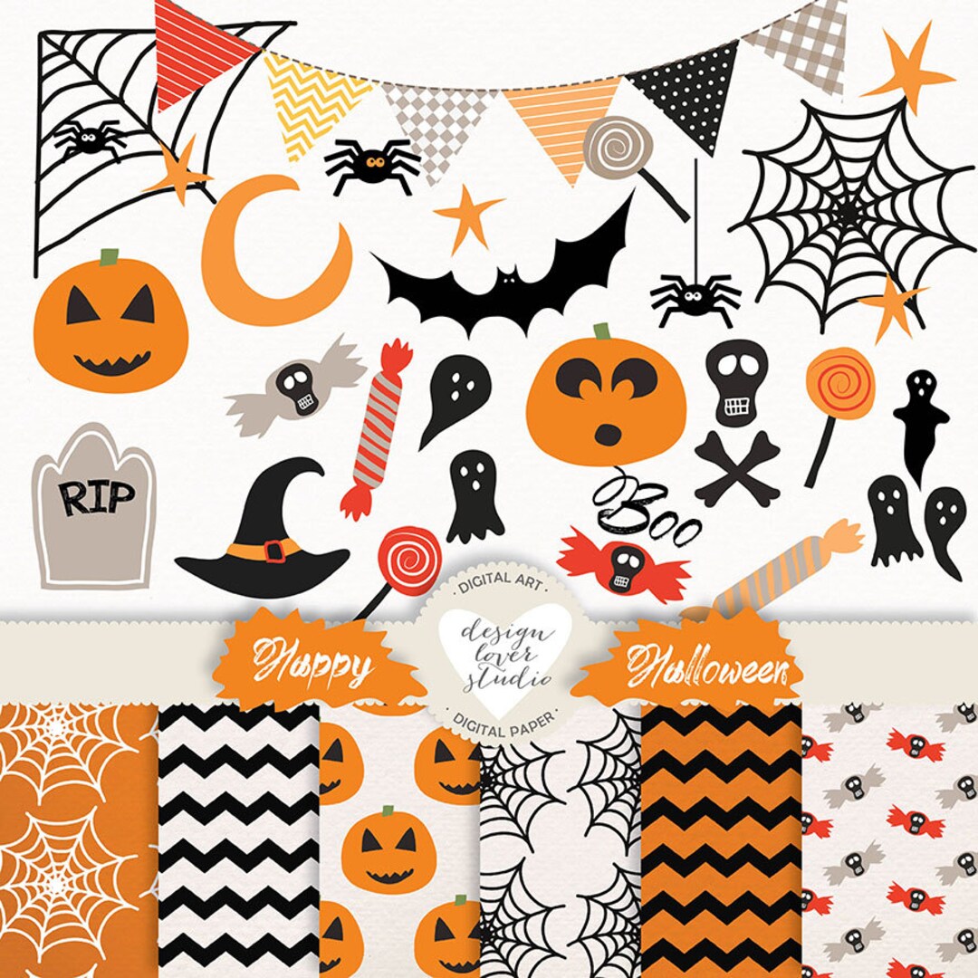 Vector Halloween Clipart, Banner, Boo, Spider, Pumpkin, Spooky Bat ...