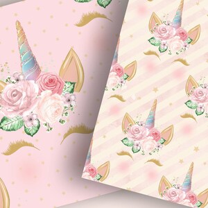Unicorn Faces Floral Digital Paper Pack, Rainbow, Pink and Gold Unicorn ...
