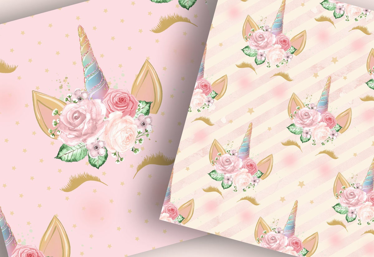 Unicorn Faces Floral Digital Paper Pack Rainbow Pink and - Etsy