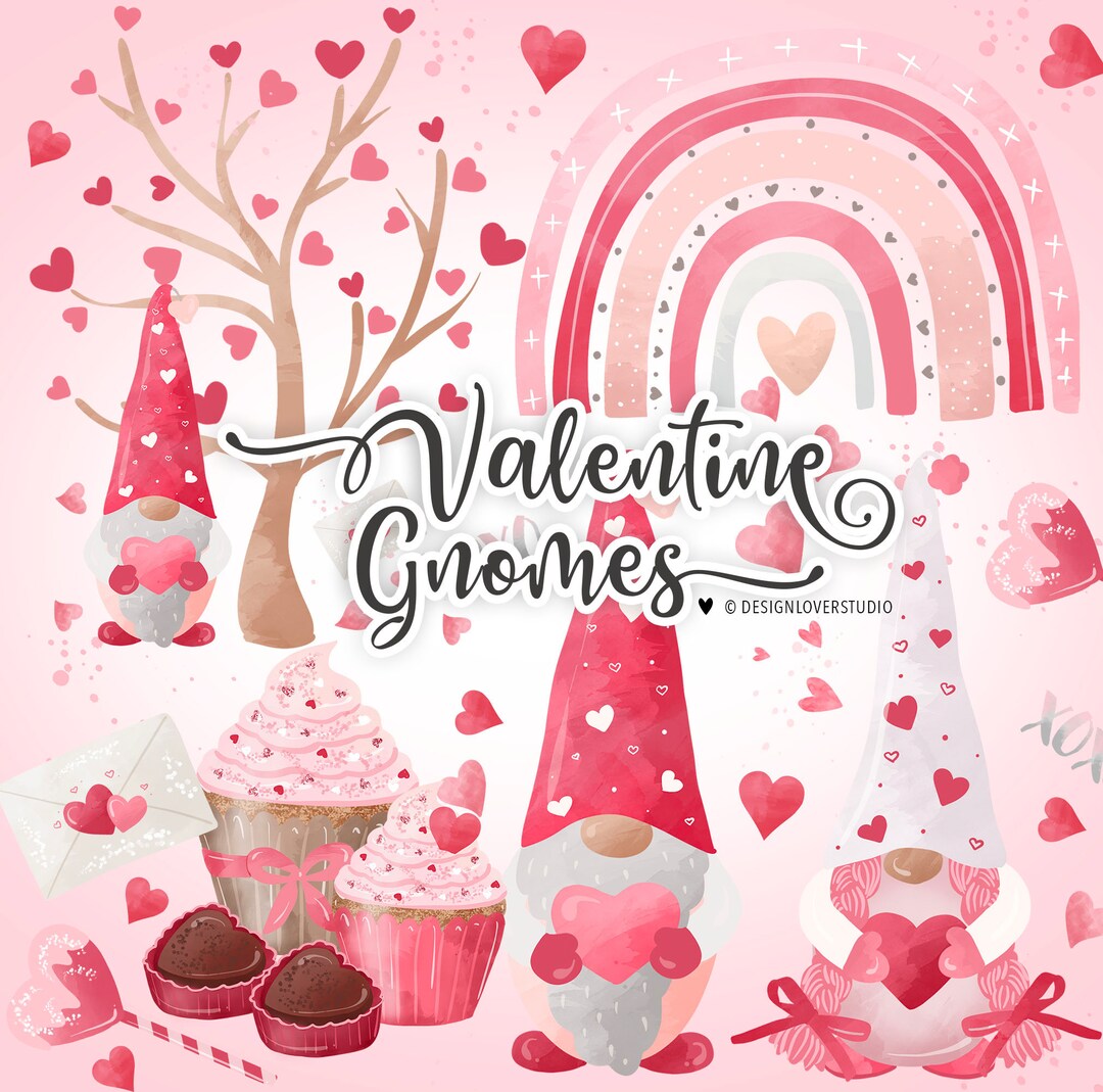 Valentine Rainbows Gnomes Design, Clipart, Romantic Watercolor Clipart ...