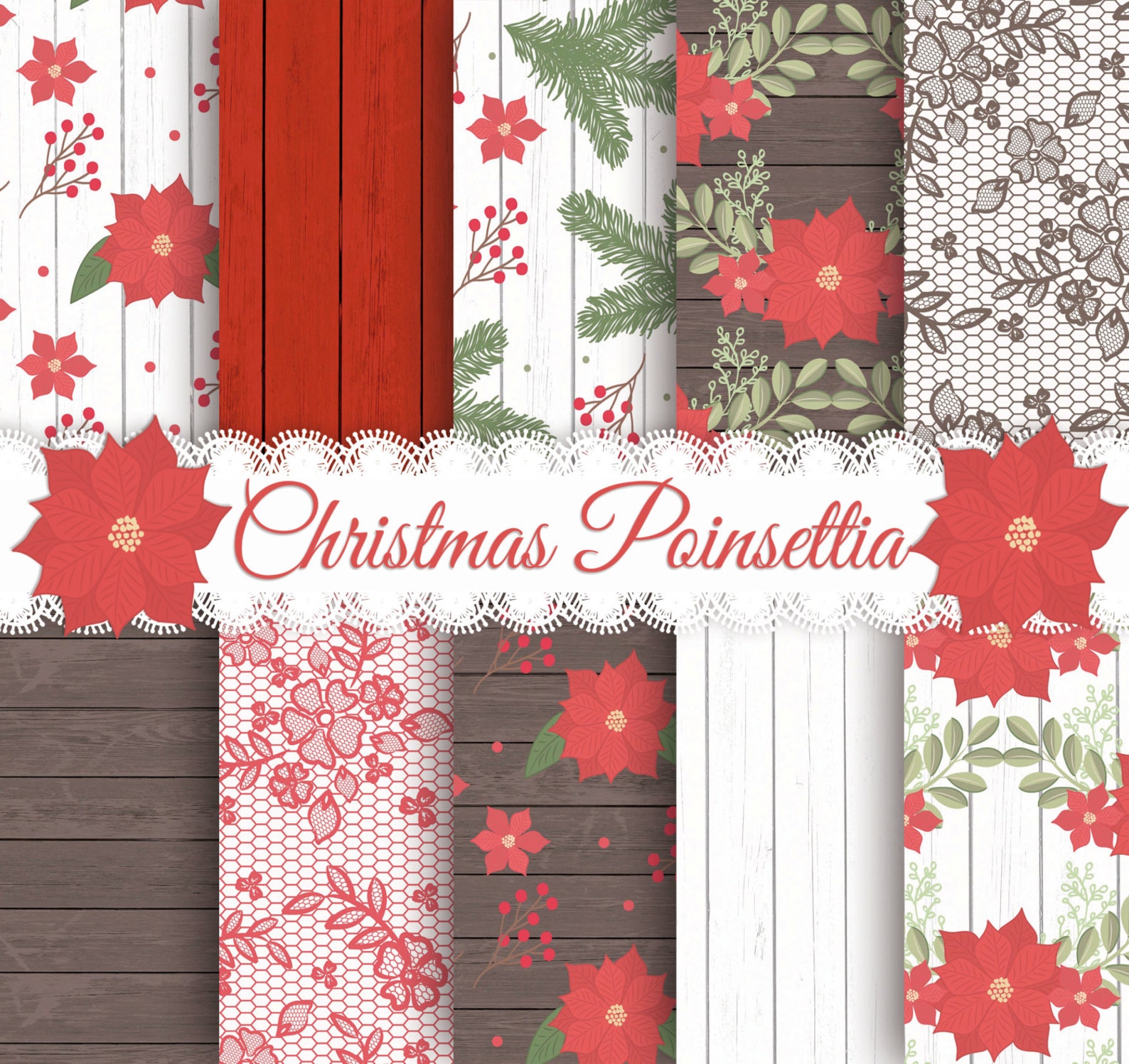 Rustic Christmas Digital Papers Xmas Clipart Pine Wreath - Etsy