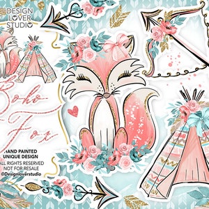 Boho Fox Cute Design, Boho Watercolor Flower, Floral Clipart, Baby Clip ...