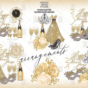 Happy New Year Gold Design, Champagne, Gold, Watercolor Clip Art ...