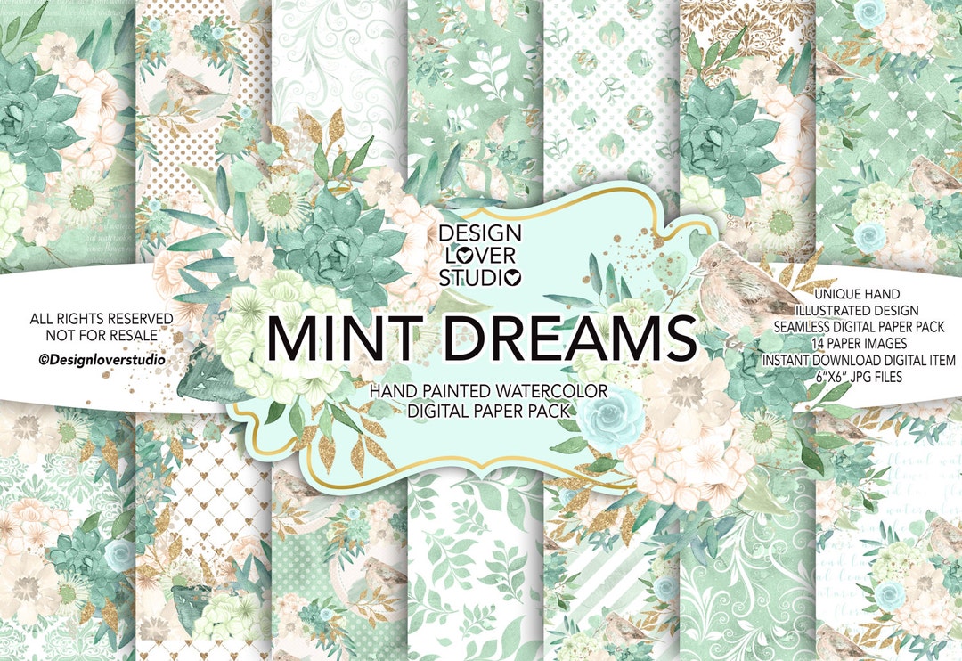 Watercolor MINT DREAMS Digital Paper Pack, Bow, Hydrangea, Bird ...