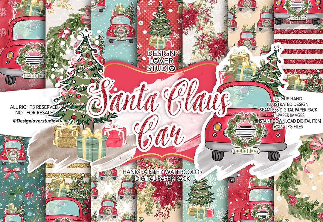 Santa Claus Car Design Digital Paper Pack, Christmas Flower, Christmas ...