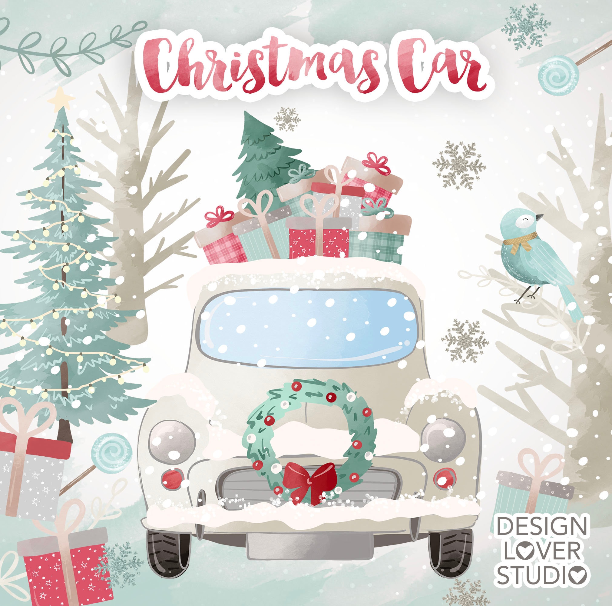 Christmas Car Design Xmas Clipart Cute Christmas Clipart - Etsy
