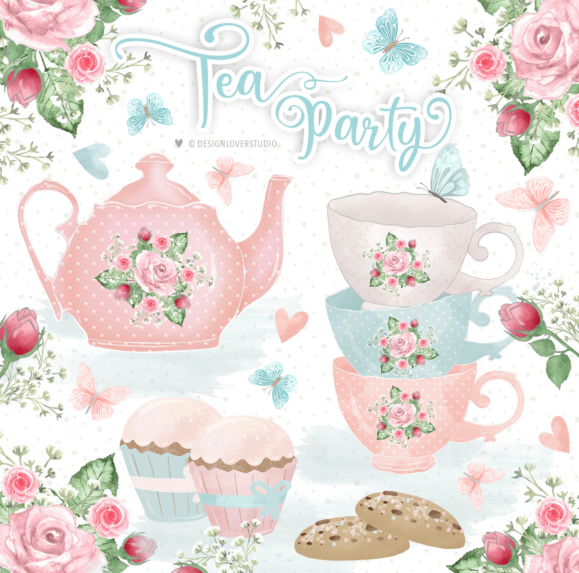 Watercolor Tea Party Design Tea Watercolor Flower Pink Blush - Etsy