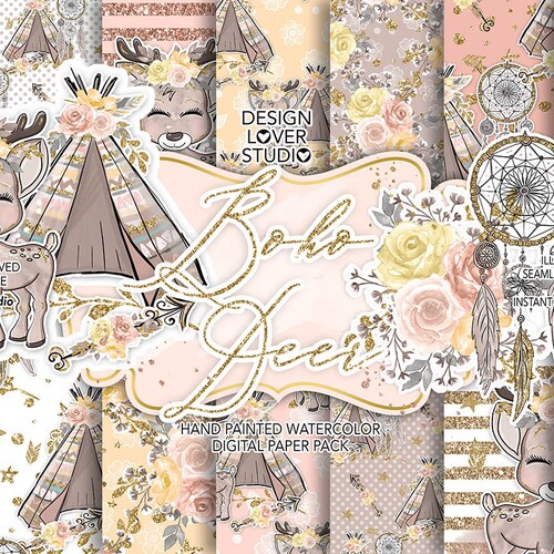 Boho Elephant Cute Digital Paper Pack Boho Watercolor Flower - Etsy