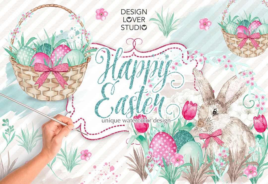 Watercolor Happy Easter Design, Clipart, Mint Pink Watercolor Clipart ...