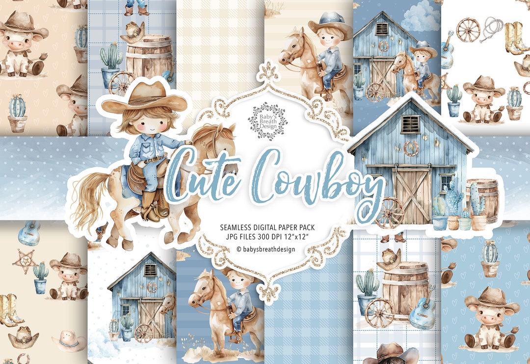 Watercolor Cute Cowboy Digital Paper Pack, Baby Cowboy PNG Bundle, Wild ...