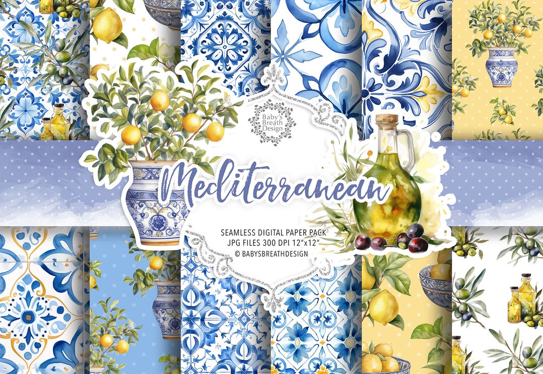 Mediterranean Watercolor Digital Paper Pack, Mediterranean Tile ...