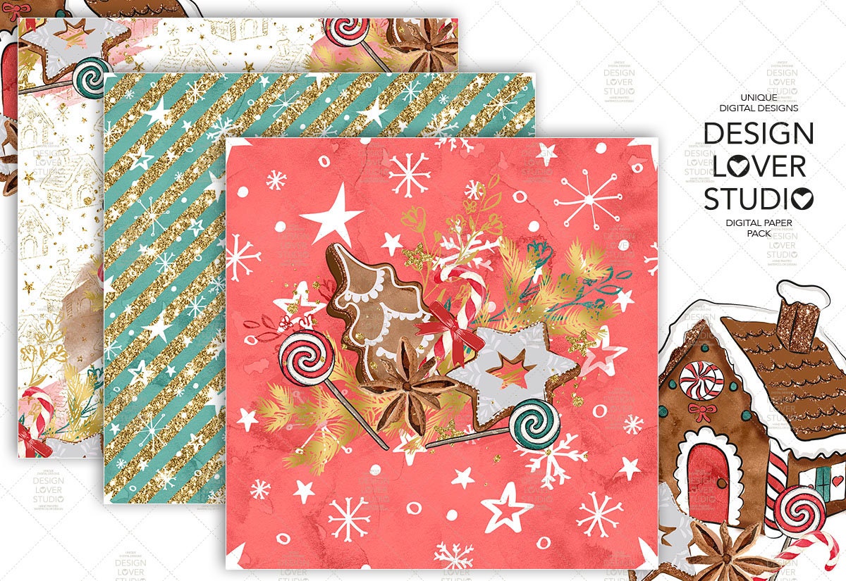 Gingerbread House Design Digital Paper Pack Christmas Flower | Etsy