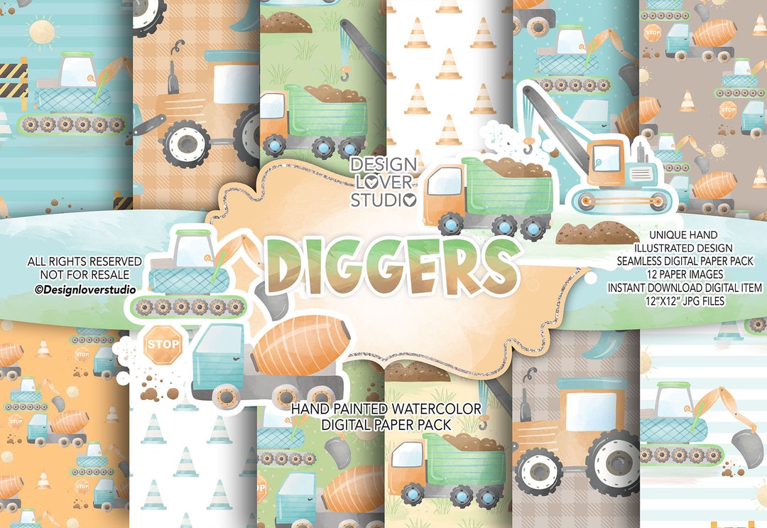 Watercolor Construction Diggers Digital Paper Pack, Boy Pattern, Nursery, Seamless Pattern, Dump ...