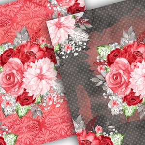 Watercolor RED ROMANCE Digital Paper Pack, Red Roses, Peony, Pink ...