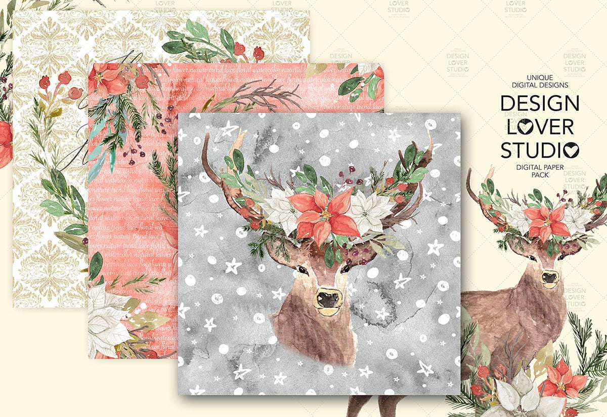 Winter Dreams Christmas Hand Painted Digital Papers Pine | Etsy