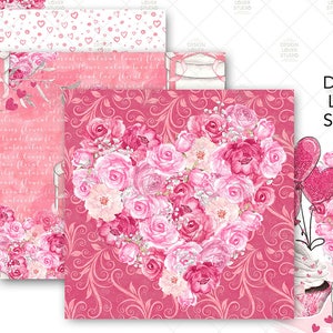 Roses Heart Valentine Design Digital Paper, Romantic Watercolor Digital ...