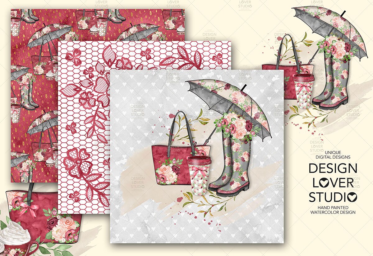 Watercolor Rain Romance hand painted digital paper pack hand painted ...