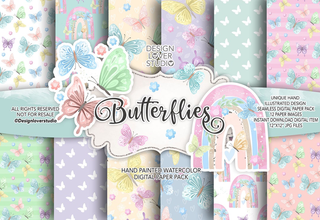 Butterflies Rainbows Digital Paper Pack, Baby Girl Nursery, Rainbow ...