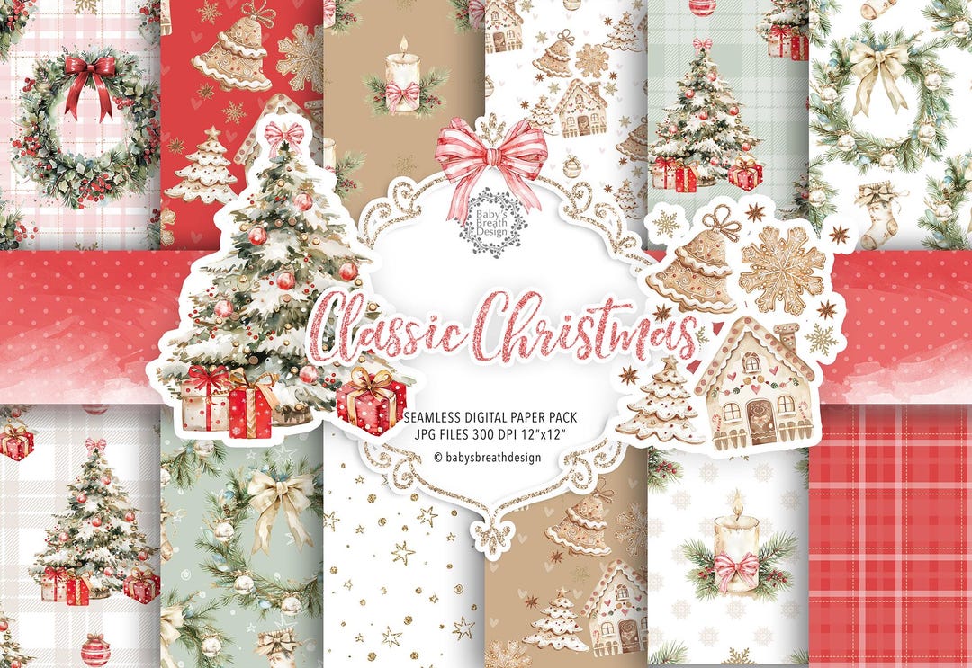 Classic Christmas Red Gold Digital Paper Pack, Xmas Christmas Pattern ...