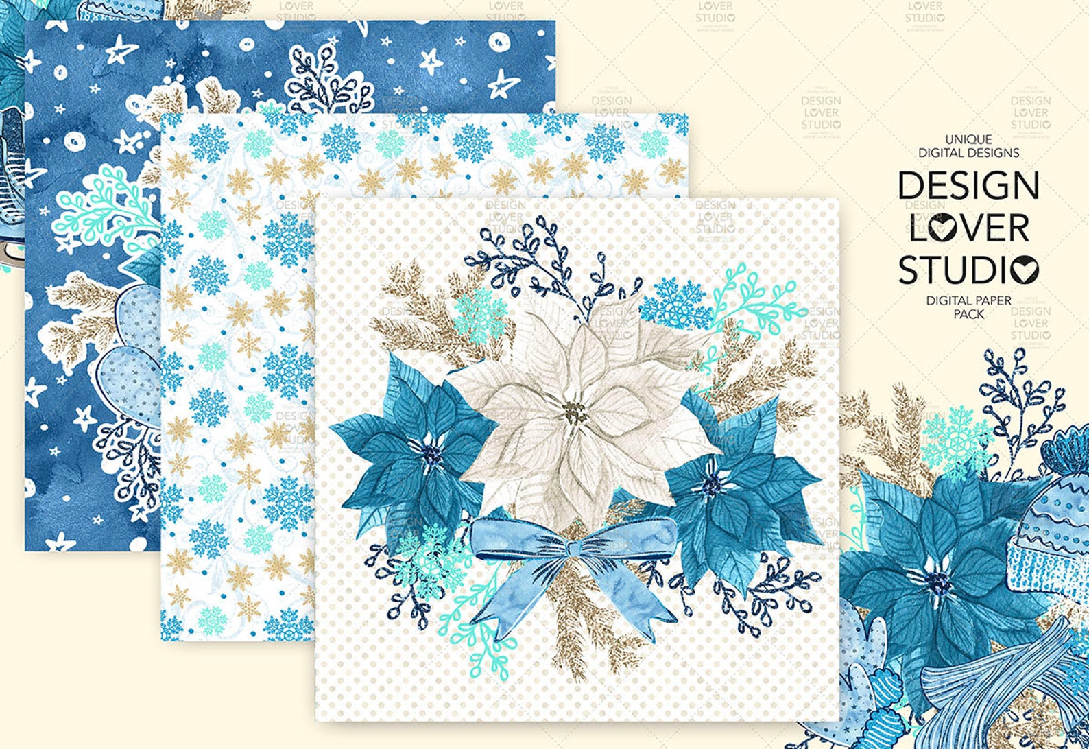 Hello Winter Blue Christmas Hand Painted Digital Papers Pine - Etsy